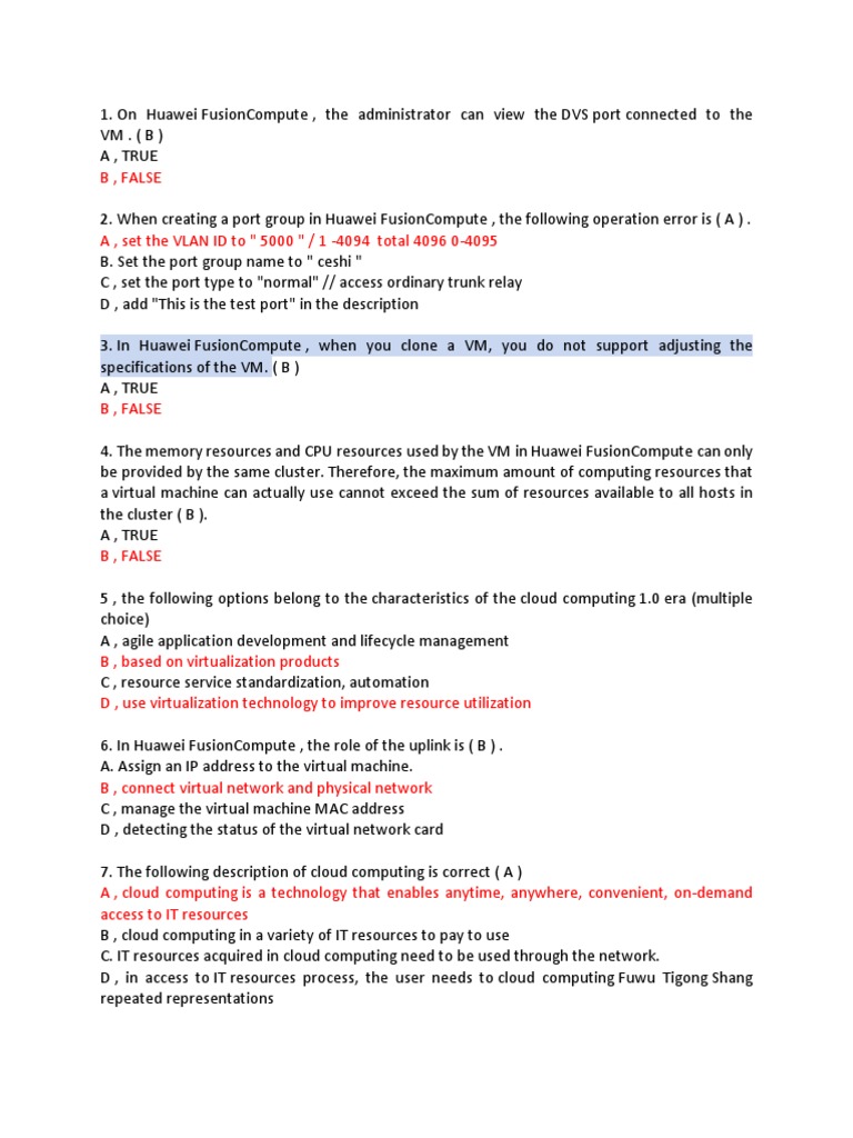 Huawei FusionCompute Quiz: Key Concepts | PDF | Virtualization | Computer Network
