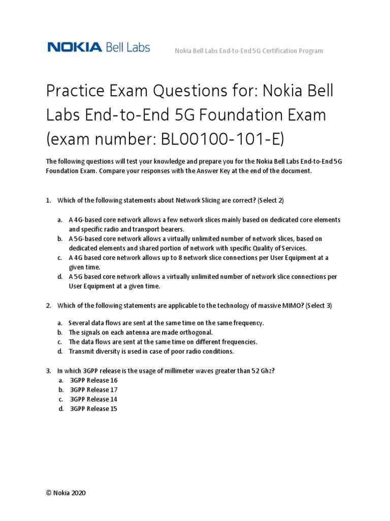 Practice Exam Questions For: Nokia Bell Labs End-to-End 5G Foundation Exam (Exam Number: BL00100 ...