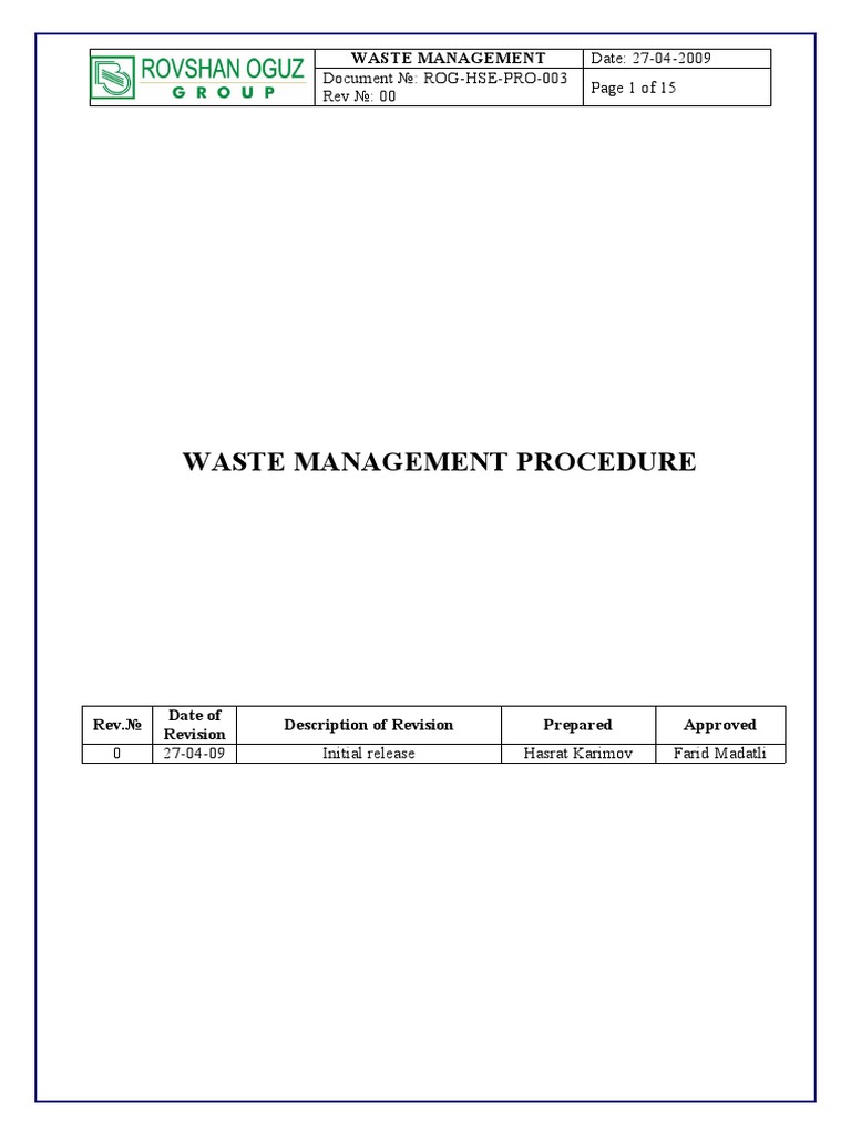 ROG-HSE-PRO-003, Rev 00 - Waste Management Procedure | PDF | Waste ...