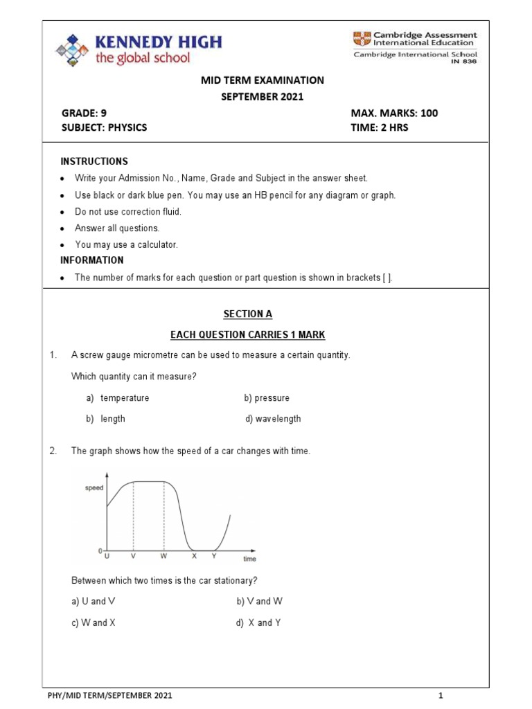 Mid Term Examination September 2021 Grade: 9 MAX. MARKS: 100 Subject: Physics Time: 2 Hrs | PDF ...