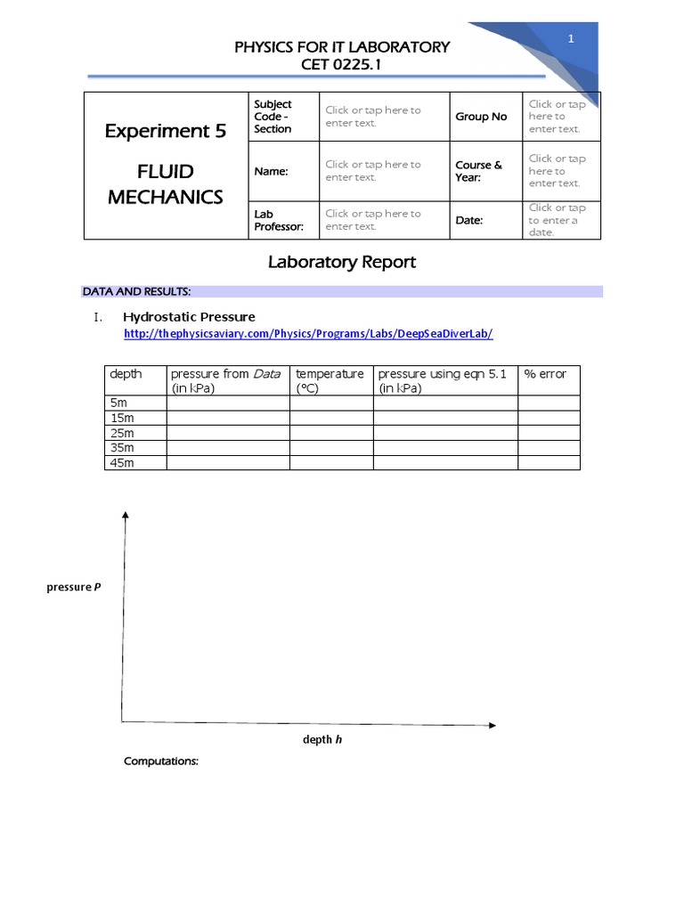 Experiment 5 Fluid Mechanics LABORATORY REPORT SHEET | PDF | Density ...