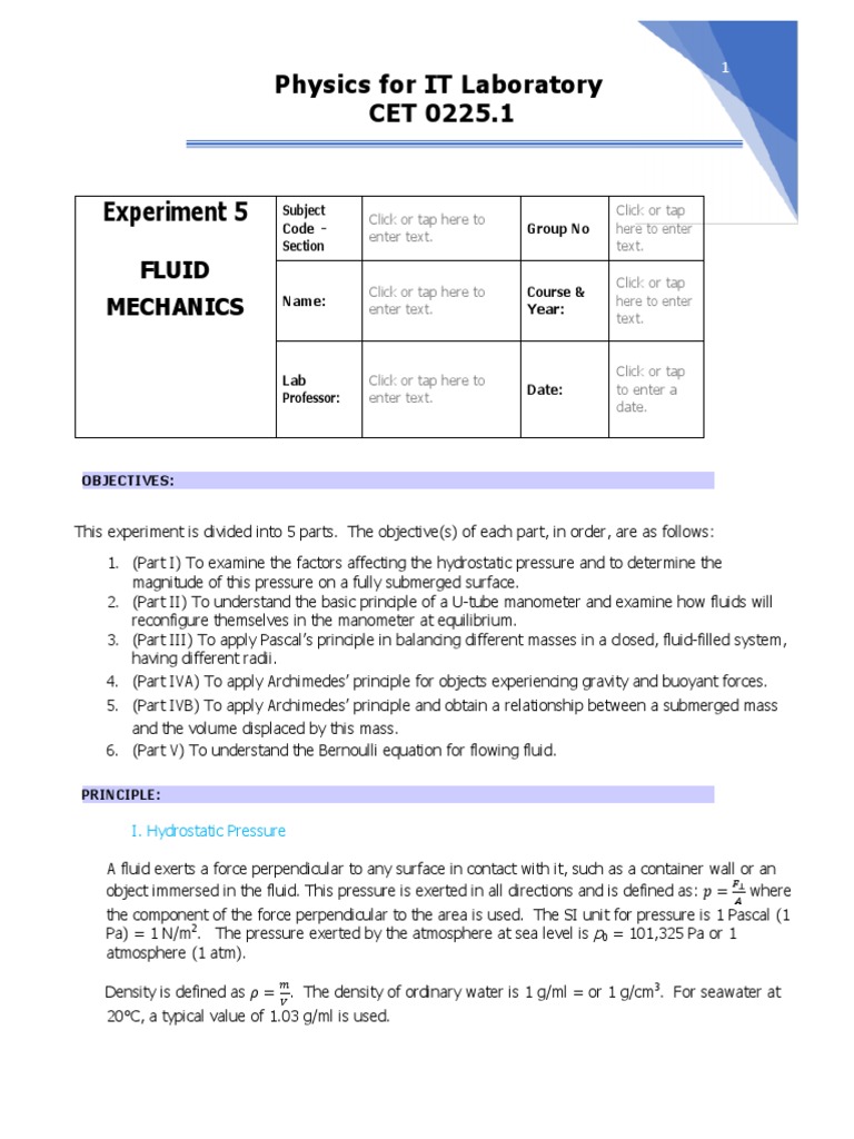 Experiment 5: Physics For IT Laboratory CET 0225.1 | PDF | Buoyancy | Pressure
