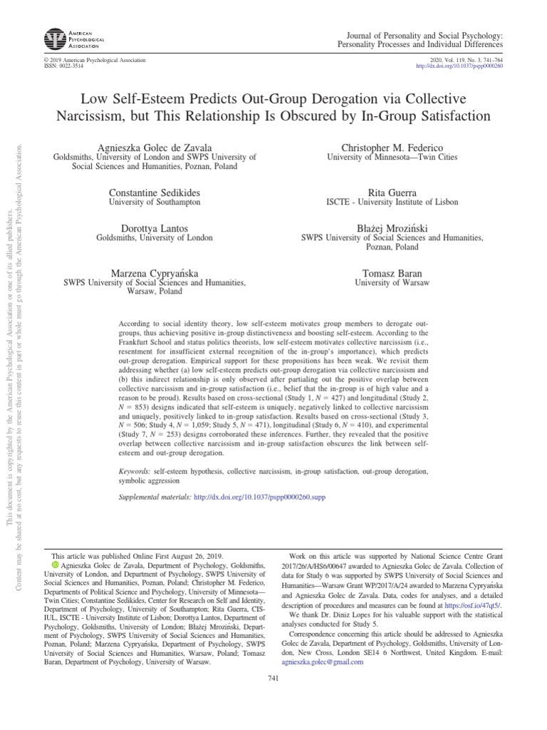 Low Self-Esteem Predicts Out-Group Derogation Via Collective Narcissism ...