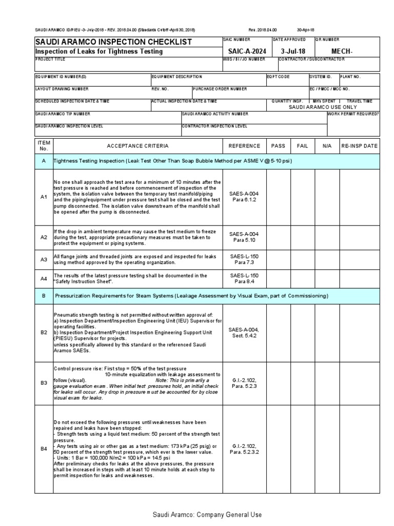 Saudi Aramco Inspection Checklist: Inspection of Leaks For Tightness ...