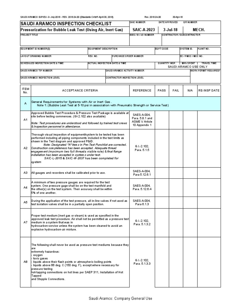 Saudi Aramco Inspection Checklist: Pressurization For Bubble Leak Test ...