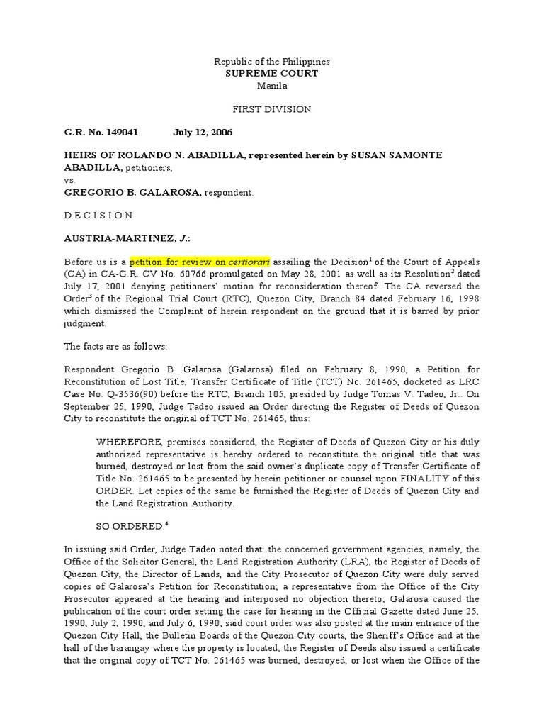 A Reconstitution of Title Does Not Pass Upon The Ownership of The Land ...