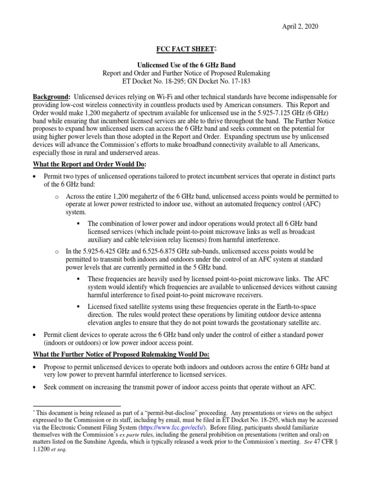 FCC Fact Sheet Unlicensed Use of The 6 GHZ Band | PDF | Wi Fi | Ieee 802.11