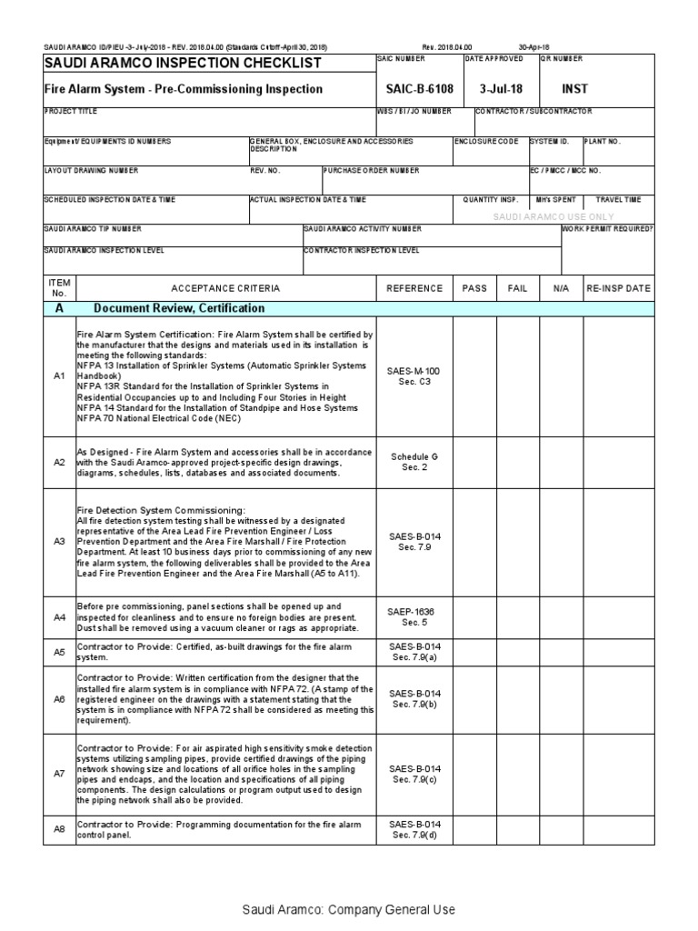 Saudi Aramco Inspection Checklist: Fire Alarm System - Pre-Commissioning Inspection SAIC-B-6108 ...