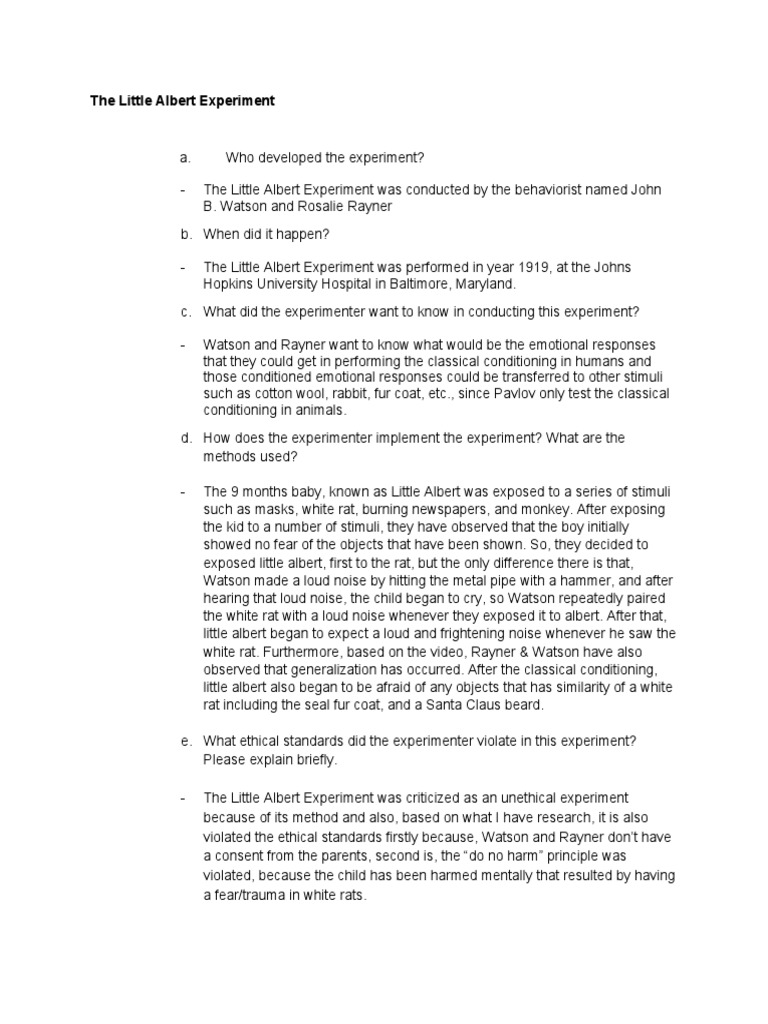 The Little Albert Experiment | PDF | Psychology | Psychological Concepts