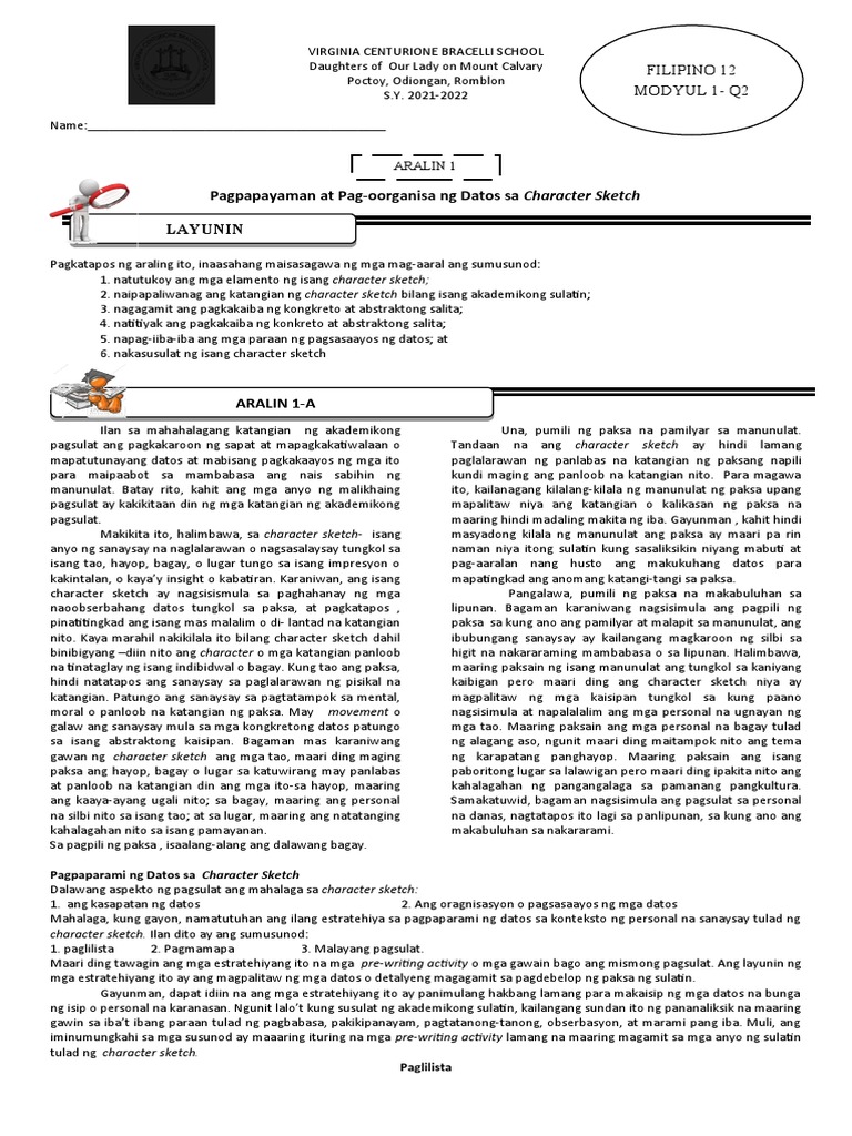 Filipino 12 Module 1 Q2 Week1 S. y 21 22 | PDF