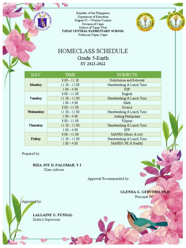 Grade 5 Homeclass Schedule | PDF