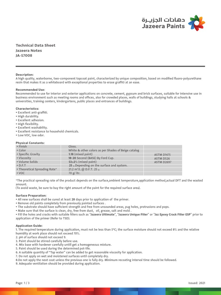 Technical Data Sheet Jazeera Notes JA-57008: Description | PDF | Paint ...