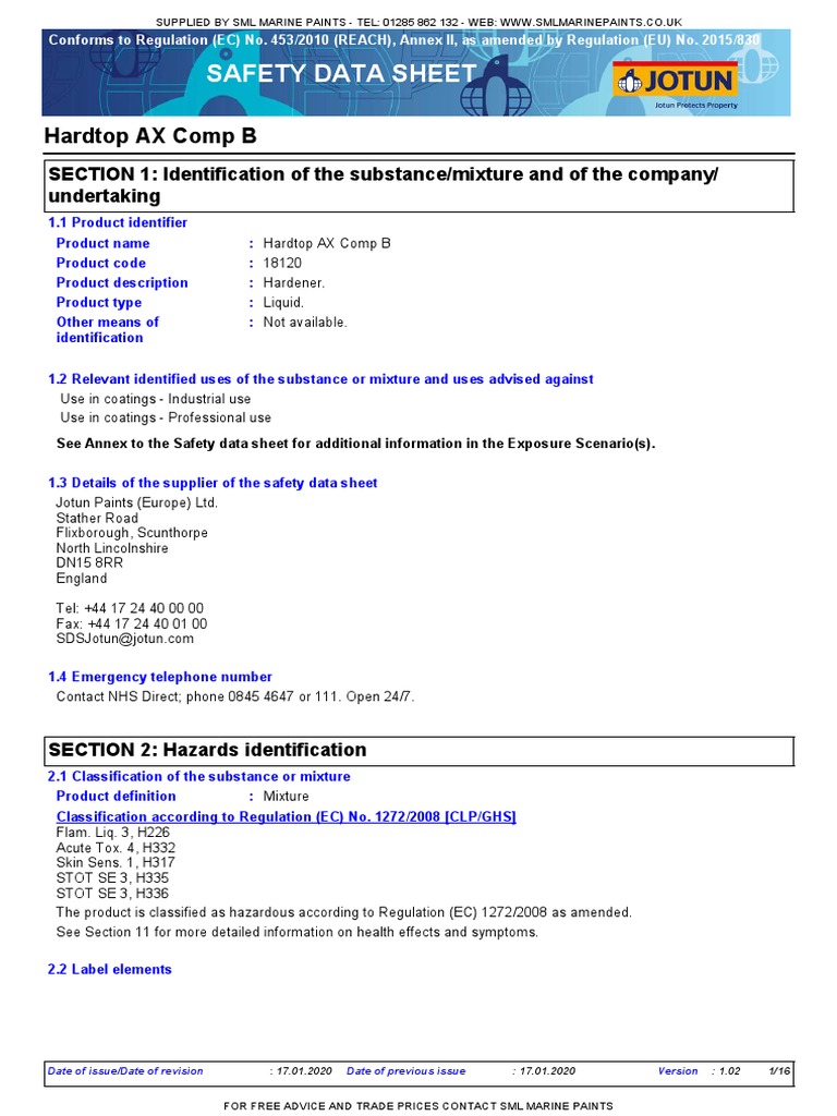 Safety Data Sheet: Hardtop AX Comp B | PDF | Toxicity | Waste