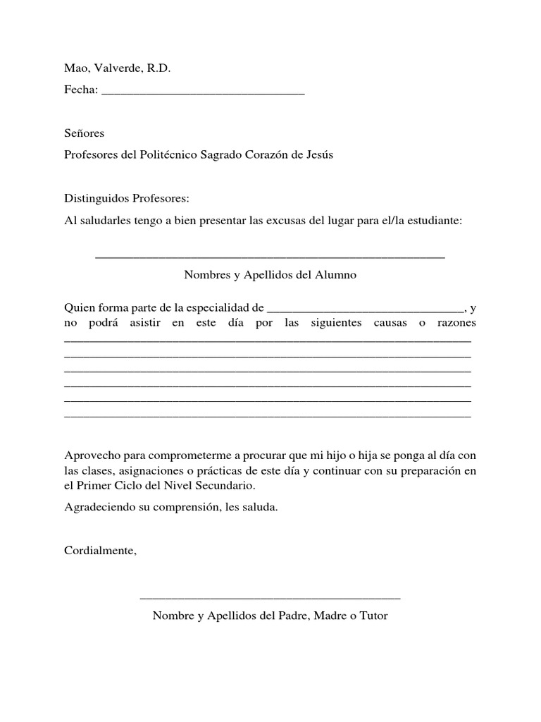 Ejemplo de carta de excusa escolar | PDF