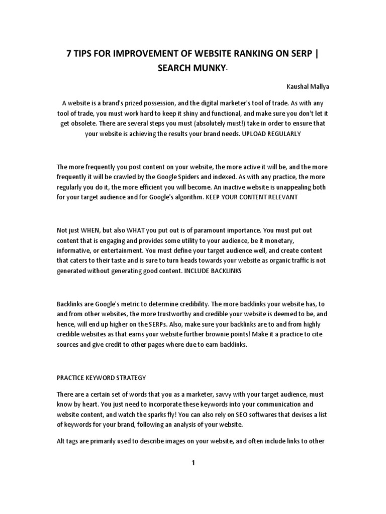 7 Tips For Improvement of Website Ranking On Serp | PDF | Search Engine Optimization | Hypertext