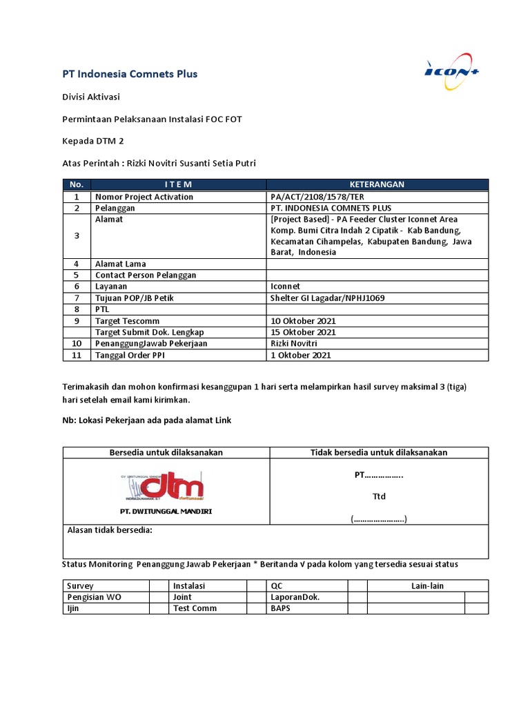 Form Ppi Aktivasi Iconnet Pt. Indonesia Comnets Plus Pa-Act-2108-1578 ...