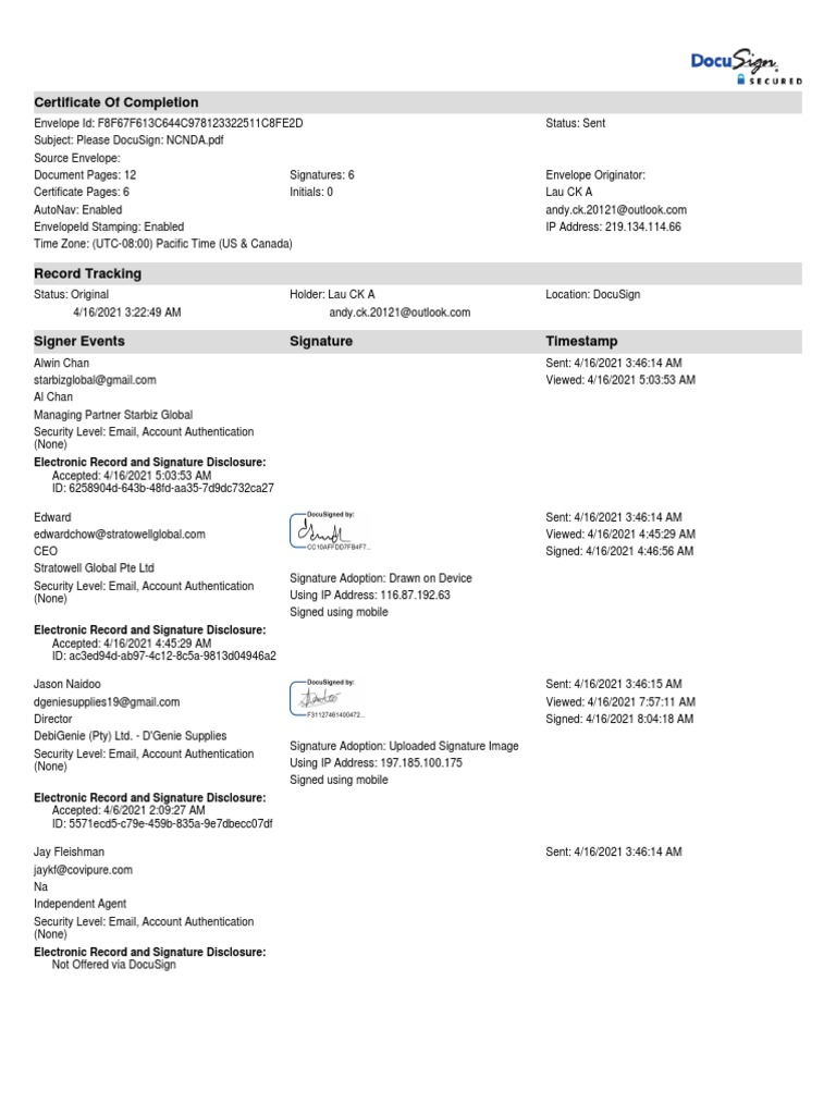 Certificate of Completion: Electronic Record and Signature Disclosure ...