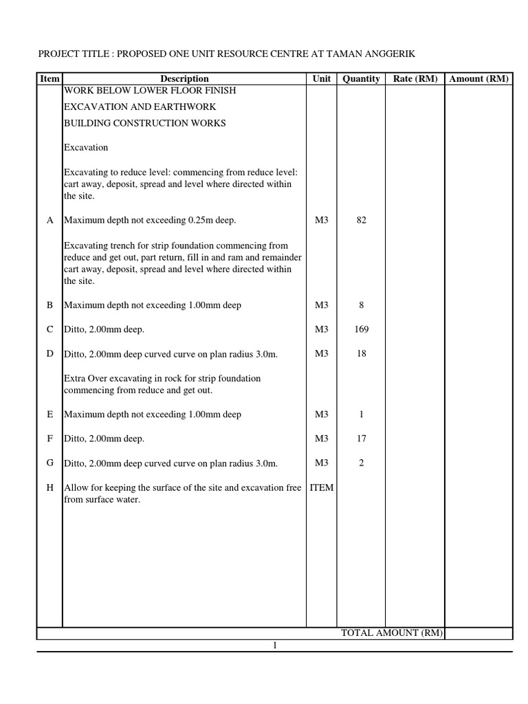 Bill of Quantity For Element Work Below Lowest Dloor Finish | PDF ...