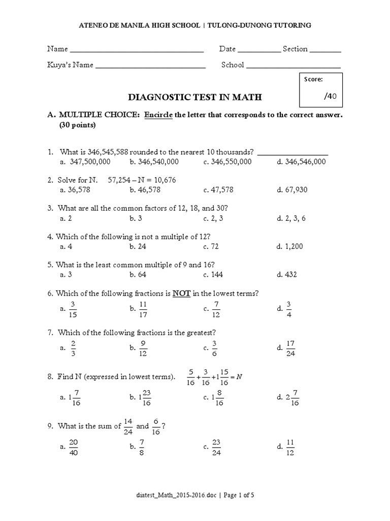Diagnostic Test in Math /40: Ateneo de Manila High School - Tulong ...