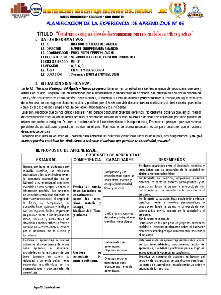 PLANIFICACIÓN DE EXPERIENCIA DE APRENDIZAJE #5 - 3° y 4° CyT | PDF | Aprendizaje | Evaluación