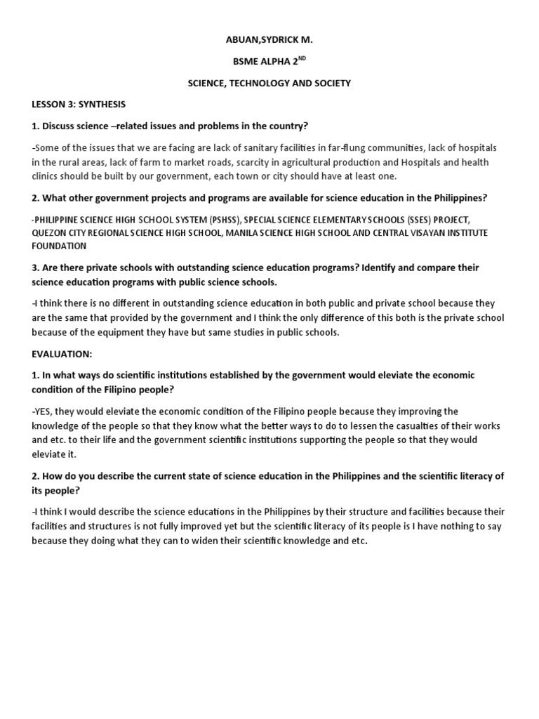 Abuan Sydrick Mapalo Lesson3&4 STS | PDF | Science | Philippines