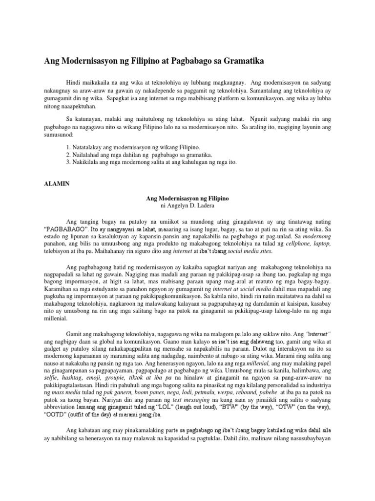 Ang Modernisasyon NG Filipino at Pagbabago Sa Gramatika | PDF