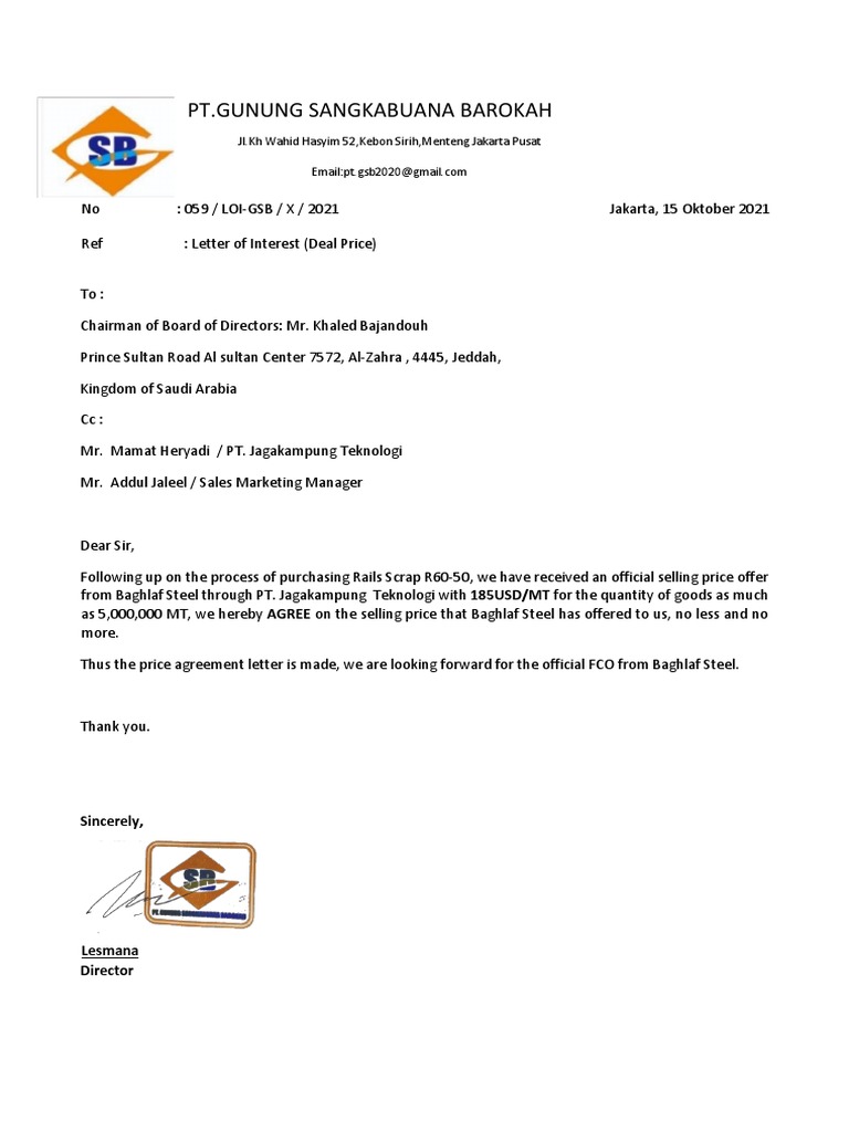 PT GSB LOI - (Deal Price) | PDF