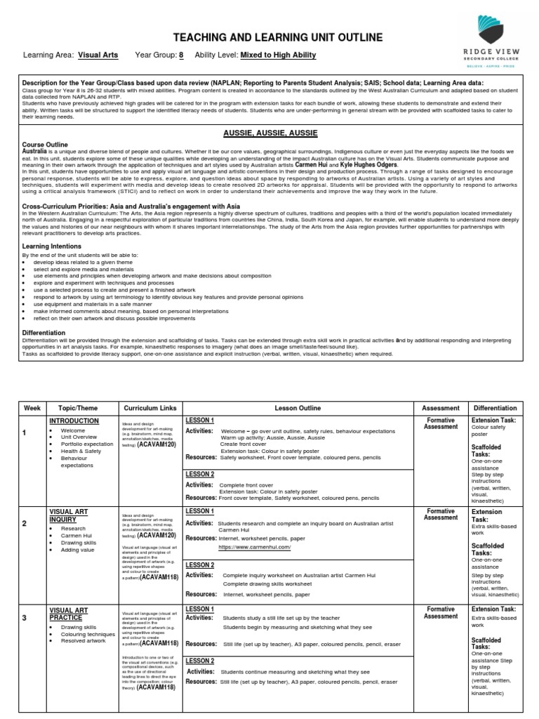 Visual Arts Program Year 8 Aussie | PDF | Educational Assessment ...