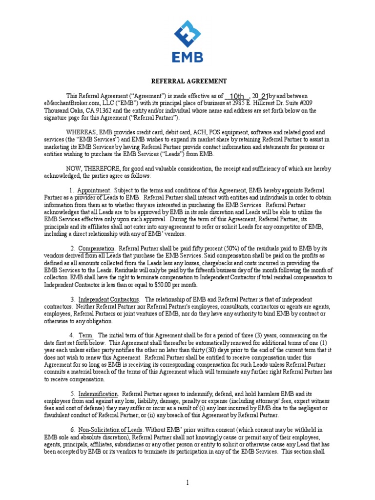 AGENT Referral Agent Agreement-NEW LOGO (1) - Signed | PDF | Indemnity ...
