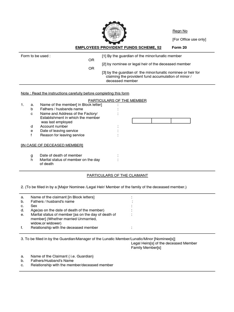 Employees Provident Funds Scheme, 52 Form 20 | Download Free PDF ...