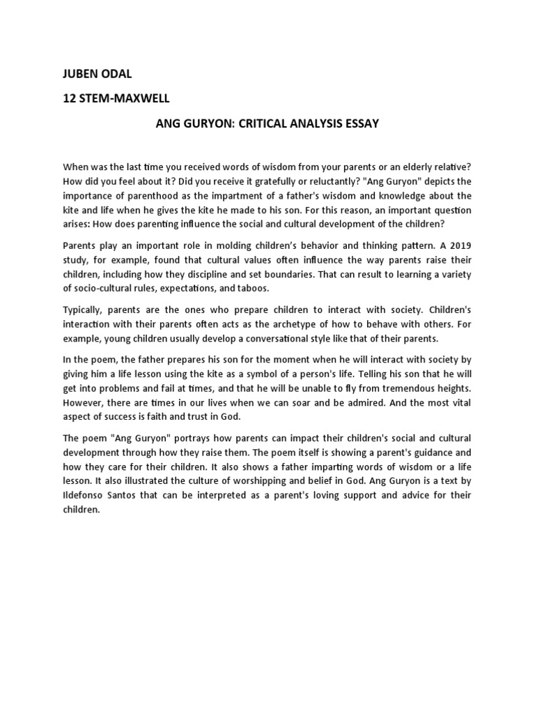 Juben Odal Critical Analysis Essay | PDF