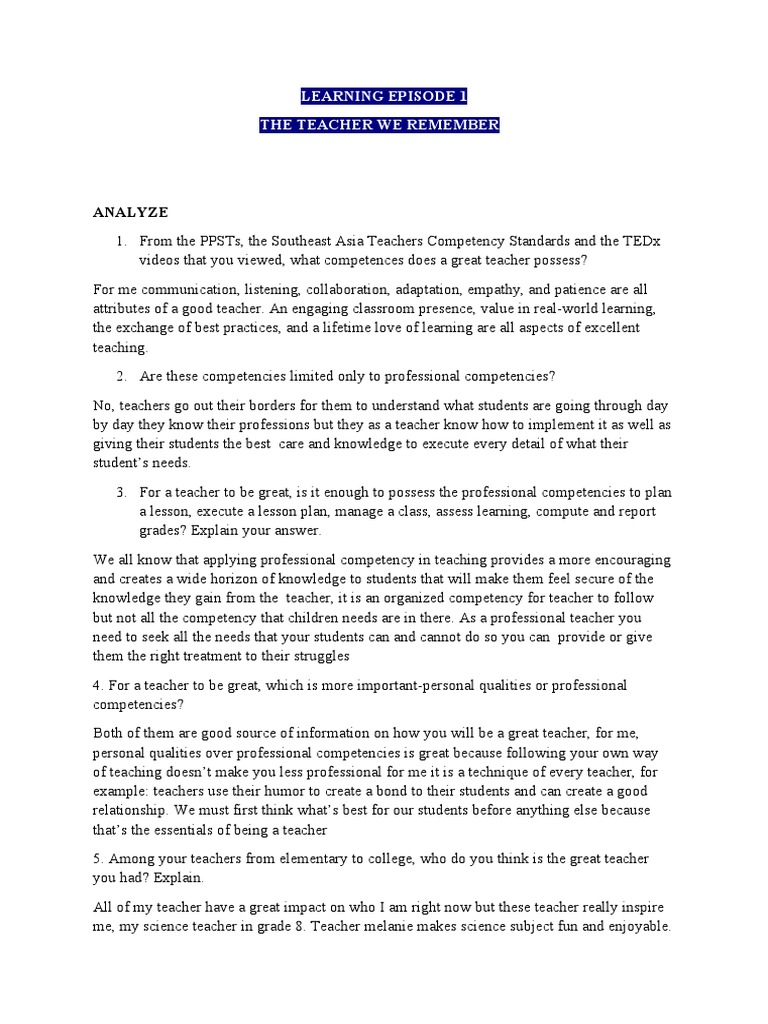 Analyze: Learning Episode 1 The Teacher We Remember+ | PDF | Teachers ...