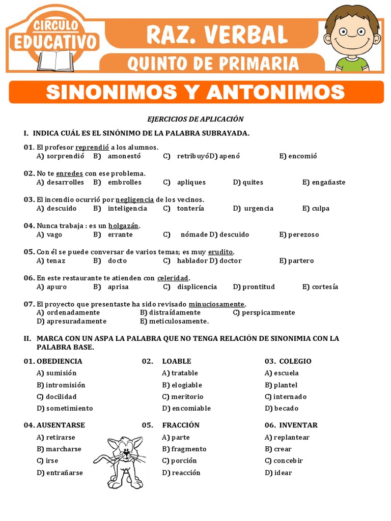 Hojas De Trabajo De Sinónimos De Quinto Grado