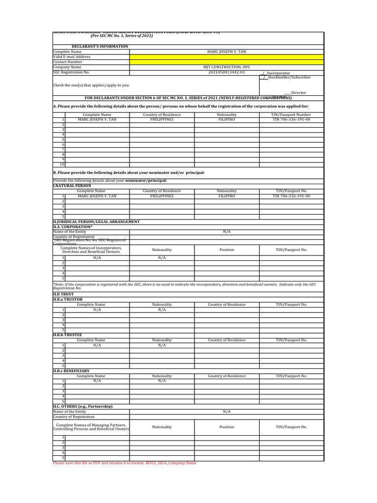 BOTD Form for MJT Construction Inc. | PDF | Corporations | Trust Law