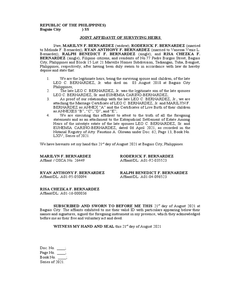 Joint - Affidavit - Surviving Heirs | PDF | Affidavit | Social Institutions