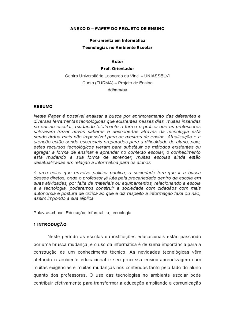 Modelo de Paper Do Projeto de | PDF | Pedagogia | Aprendizado