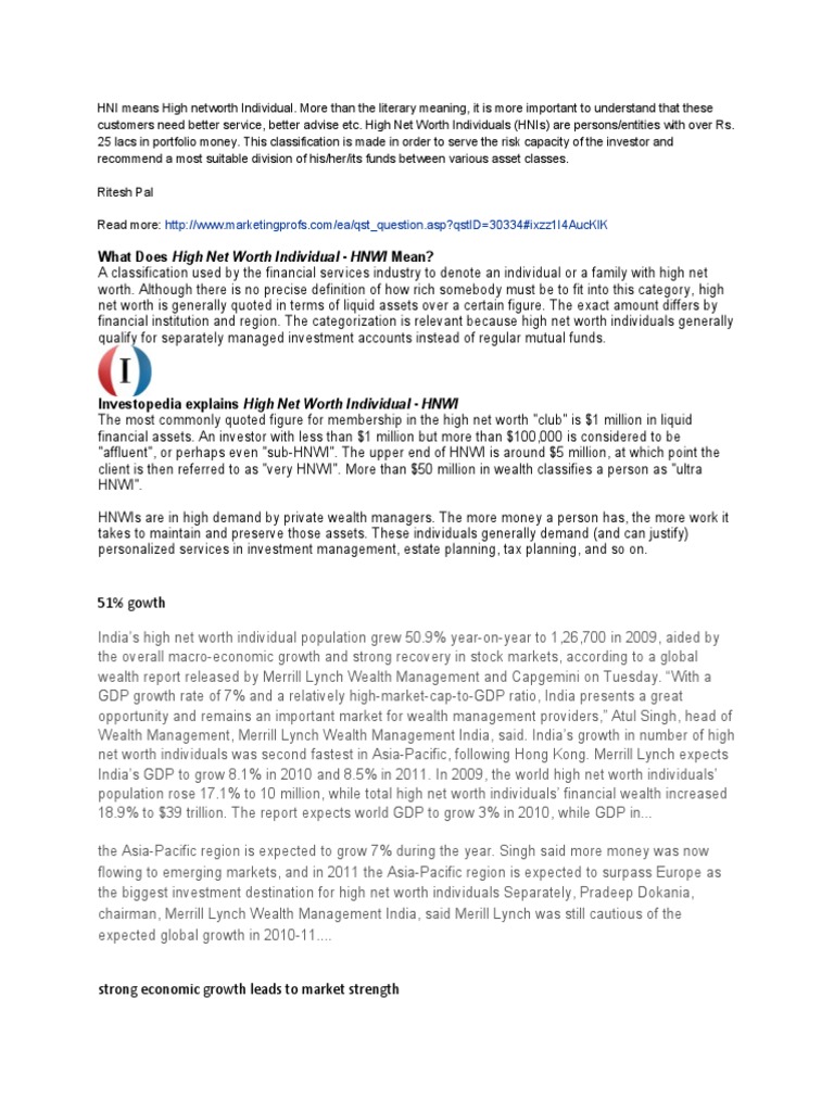 What Does High Net Worth Individual - HNWI Mean?: 51% Gowth | PDF ...