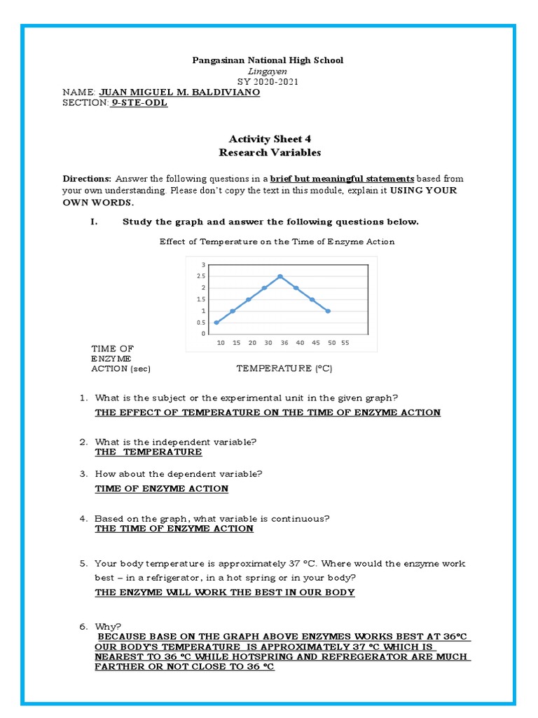 Activity Sheet 4 Research Variables: SY 2020-2021 Name: Juan Miguel M ...