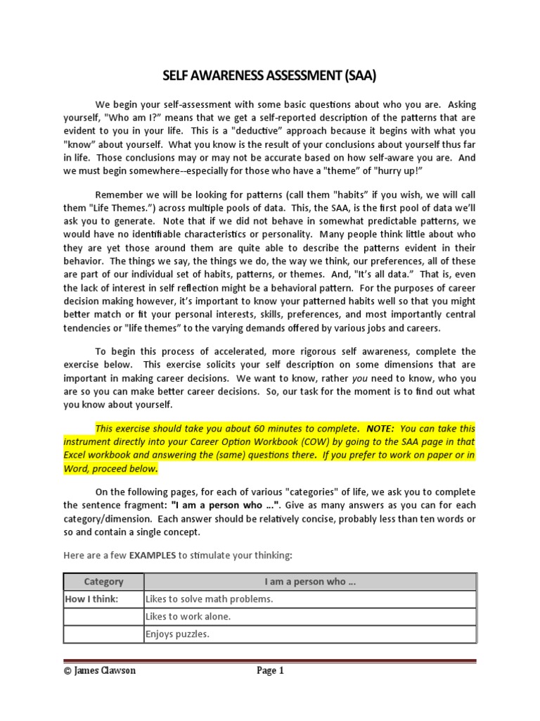 Self Awareness Assessment | PDF | Self Awareness | Psychology