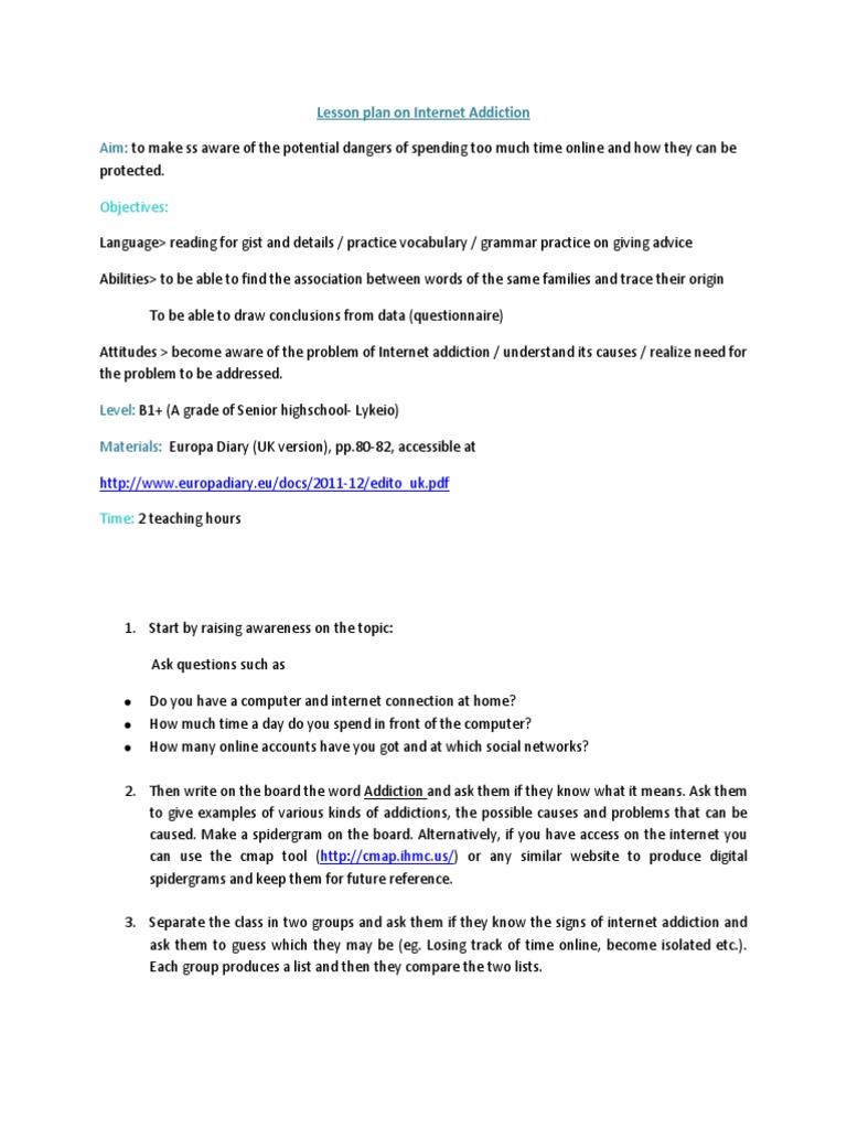 Internet Addiction Awareness Lesson | PDF | Internet | Lesson Plan