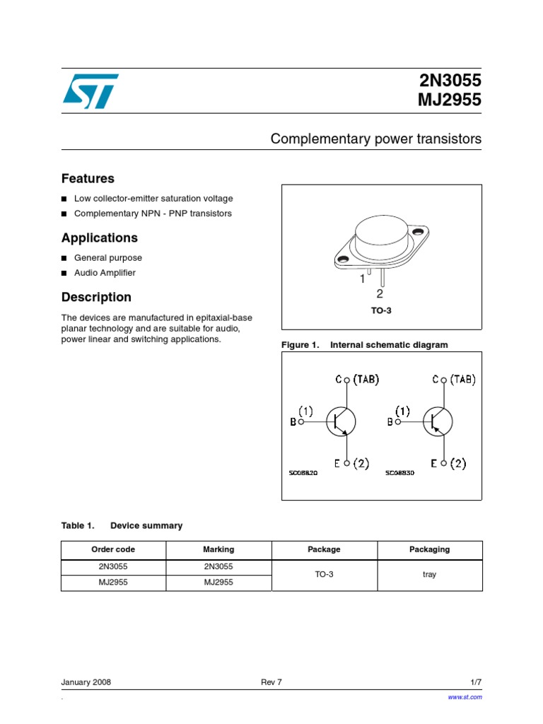 2n3055 Datasheet Power Tranzistor | PDF | Bipolar Junction Transistor ...