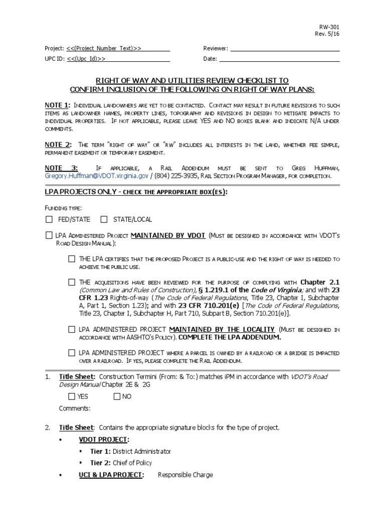 301 RIGHT OF WAY AND UTILITIES REVIEW CHECKLIST May 2016 | PDF ...