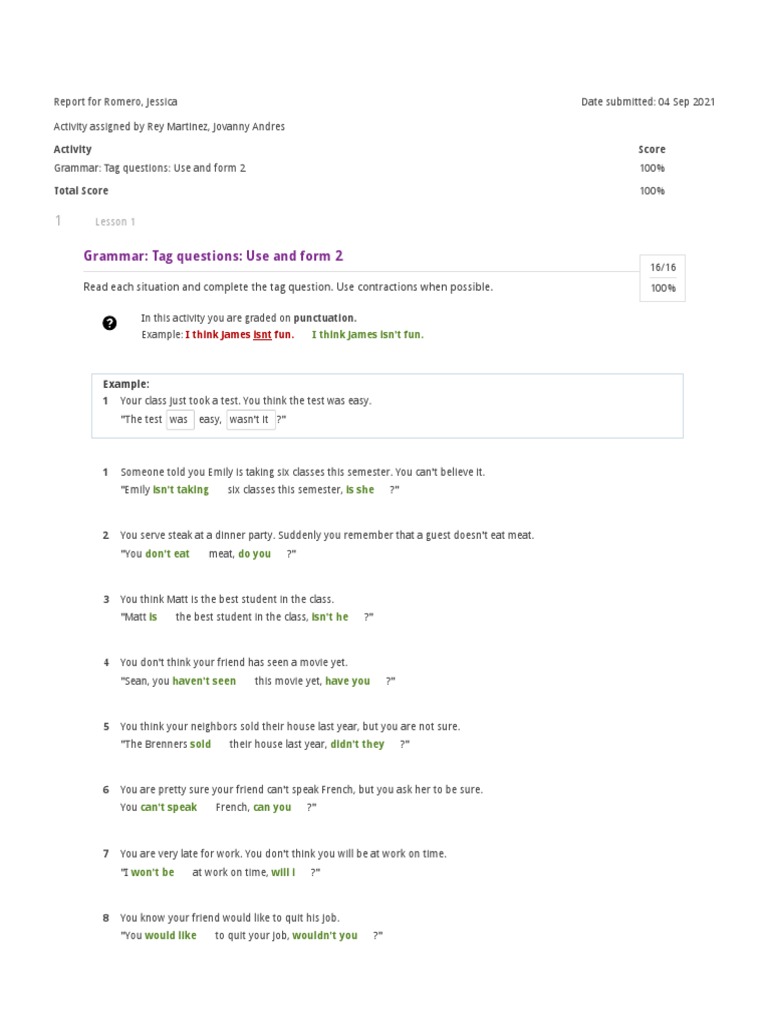 Grammar - Tag Questions - Use and Form 2 - Mode - Report - Unit 1 ...