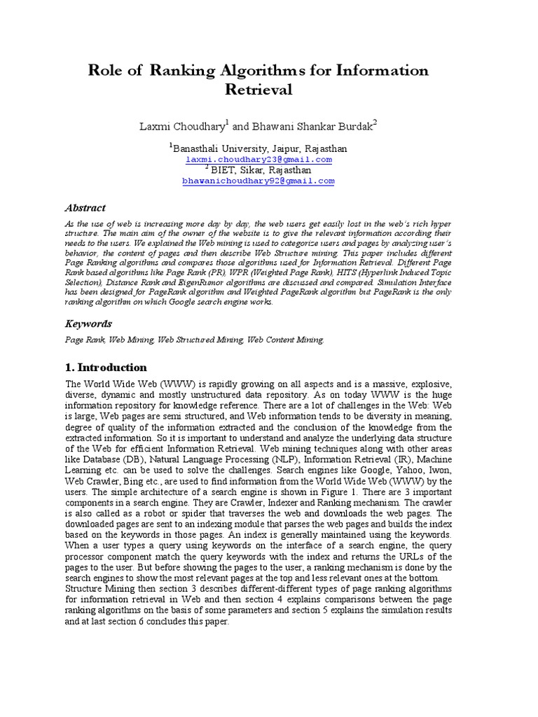 Role Of Ranking Algorithms For Information Retrieval Laxmi Choudhary And Bhawani Shankar Burdak
