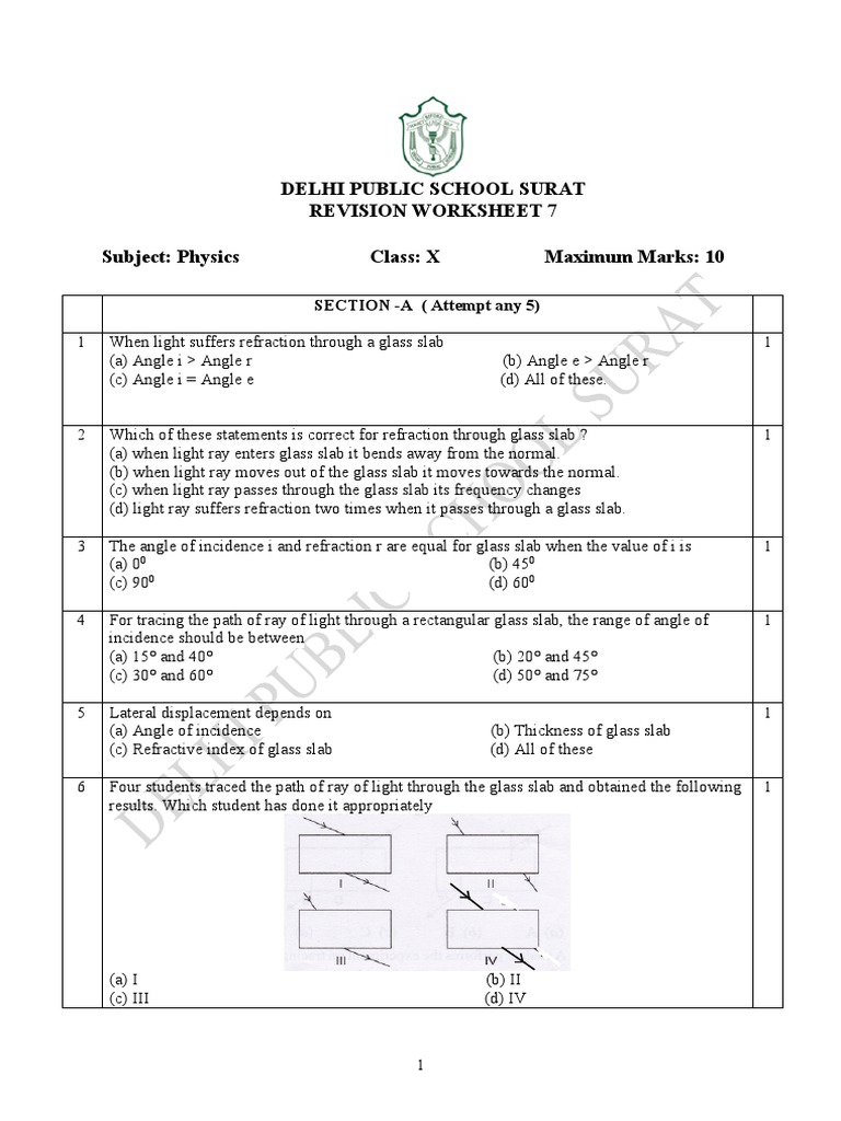 Worksheet 7 - Glass Slab | PDF | Refraction | Glasses