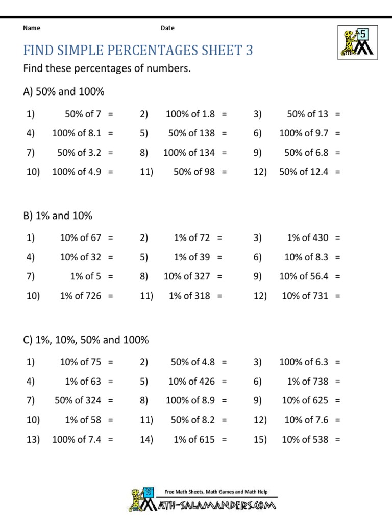 Simple Percentage Calculation Worksheet | PDF | Science & Mathematics ...
