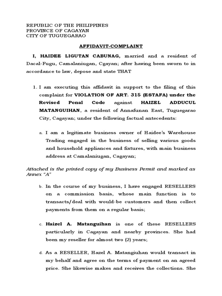 Affidavit-Complaint for Violation of Article 315 (Estafa) Under the ...