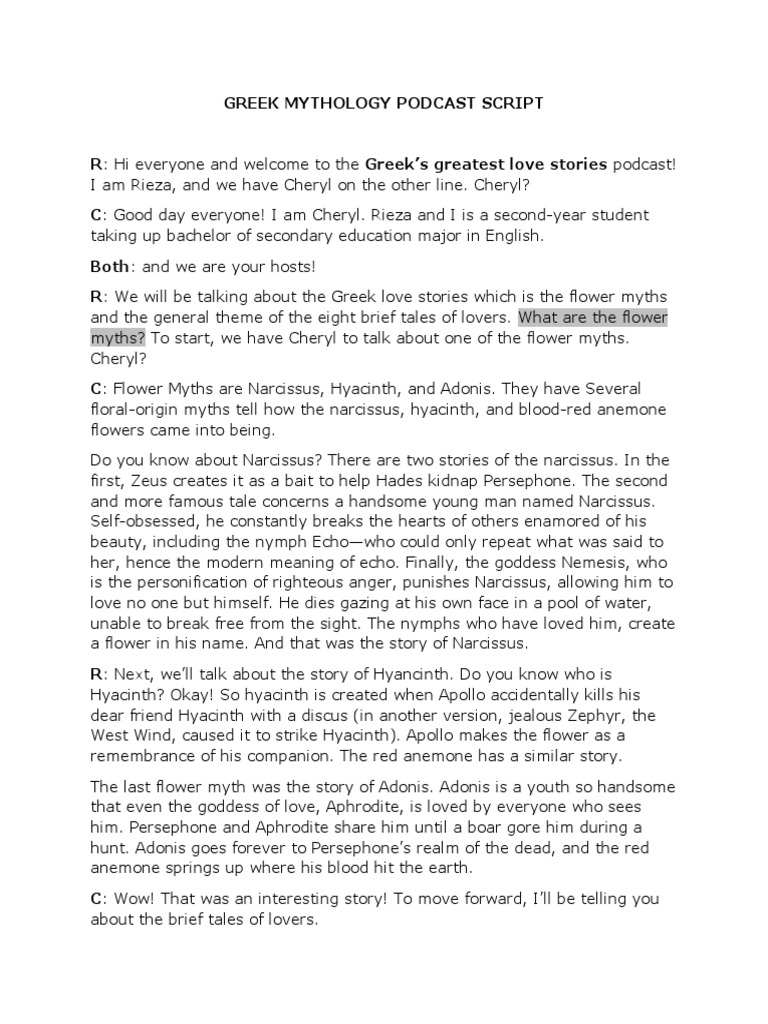 Greek Mythology Podcast Script | PDF | Mythology | Mythological Characters