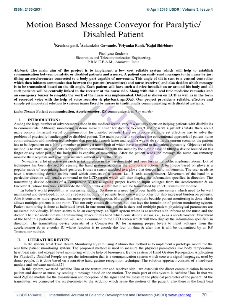Motion Based Message Conveyor For Paralytic/ Disabled Patient | PDF ...