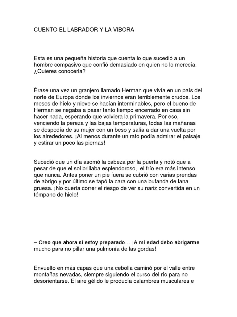 Cuento El Labrador y La Vibora | PDF